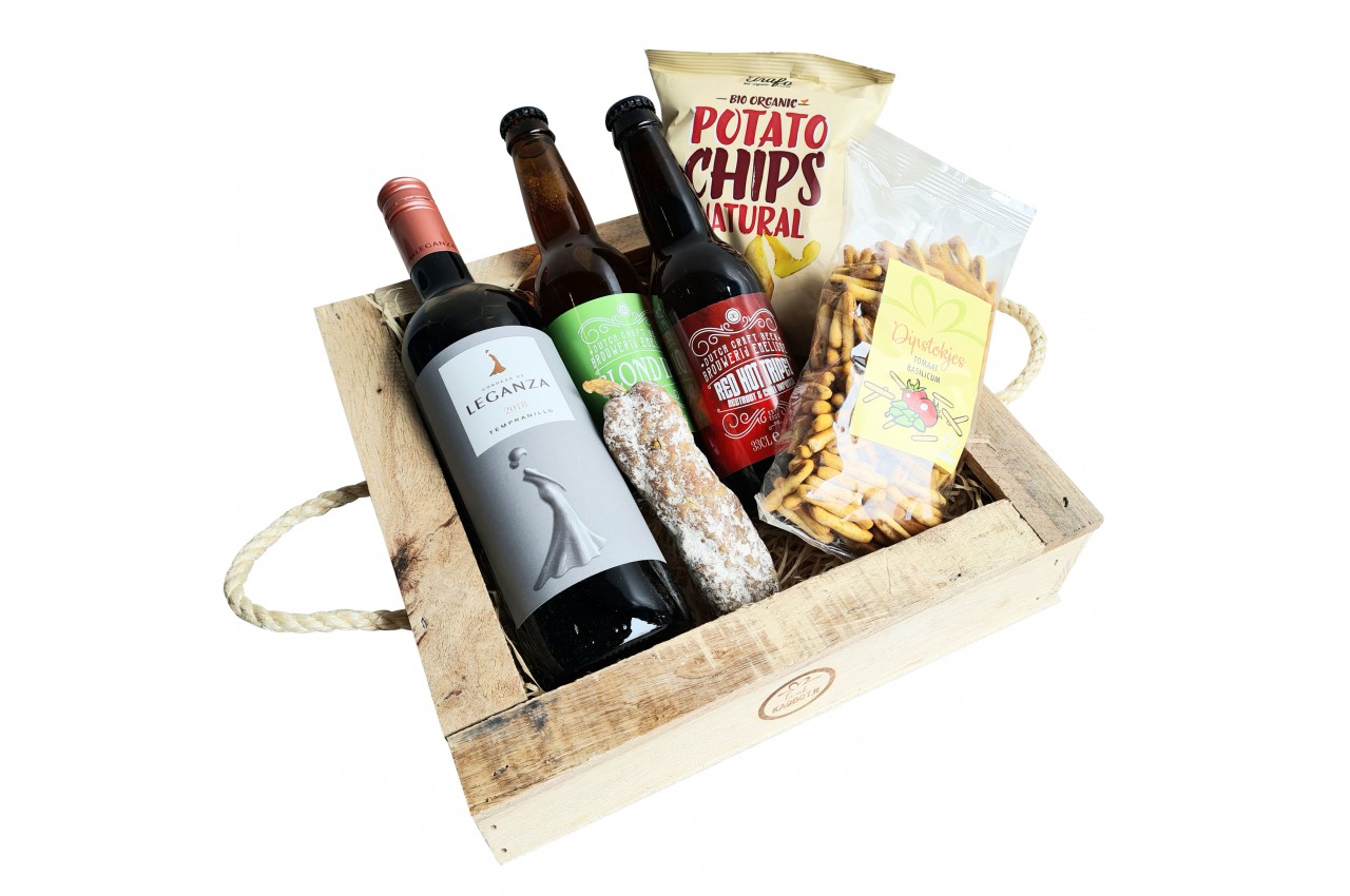 Kistje wijn, bier en snacks - Leuk Kadootje